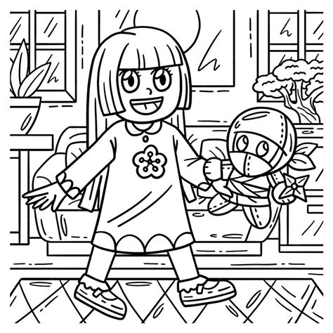 닌자 인형을 들고 있는 어린이의 귀엽고 재미있는 색칠 공부 페이지입니다 아이들에게 몇 시간 동안 색칠하는 즐거움을 선사합니다 컬러 이 페이지는 매우 쉽습니다 작은