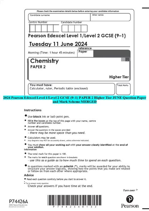2024 Pearson Edexcel Level 1 Level 2 Gcse 9 1 Paper 2 Higher Tier June Question Paper And Mark
