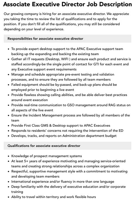 Associate Executive Director Job Description Velvet Jobs
