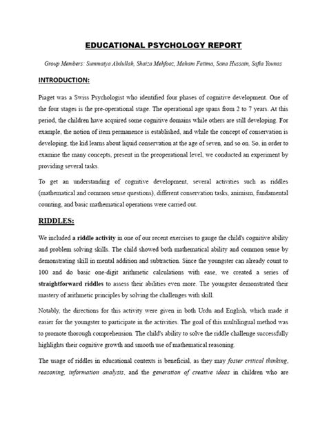 Educational Psychology Report Pdf Thought Cognitive Development