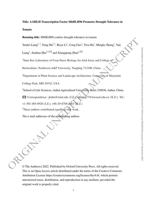 Pdf A Bhlh Transcription Factor Slbhlh96 Promotes Drought Tolerance In Tomato