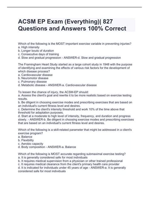 Acsm Ep Exam Everything 827 Questions And Answers 100 Correct