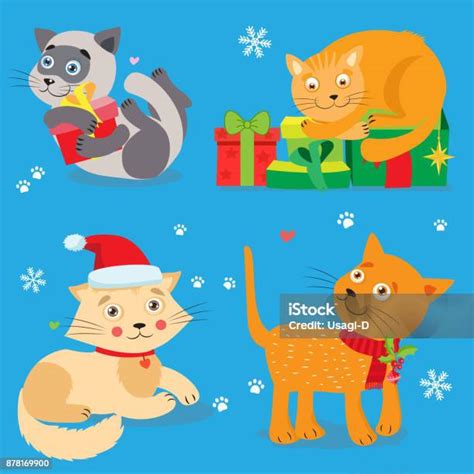 사랑에 빠진 고양이입니다 귀여운 작은 크리스마스 고양이 만화 벡터 컬렉션을 설정 합니다 고양이 크리스마스 의상 및 선물입니다 12월에 대한 스톡 벡터 아트 및 기타 이미지