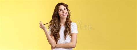 Silly Cute Feminine Sensual Curly Haired Woman Tilt Head Playing Hair