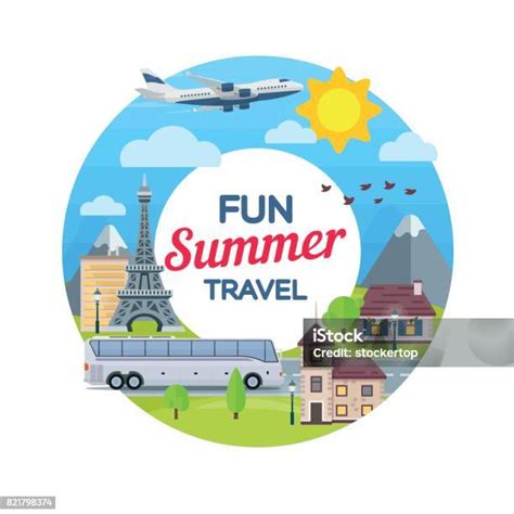 비행기와 버스 휴가의 시간 여행 프랑스 여행 여름 여행입니다 평면 스타일에 라운드 배너입니다 계절에 대한 스톡 벡터 아트 및 기타 이미지 Istock