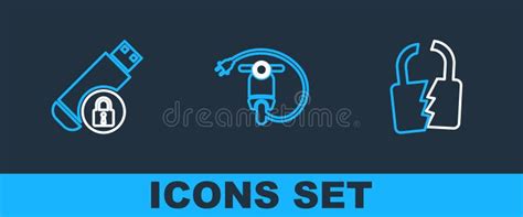 Set Line Broken Or Cracked Lock Usb Flash Drive With And Electric Scooter Icon Vector Stock