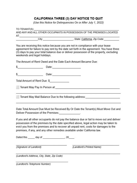 California 3 Day Notice To Quit Pdf Eviction Leasehold Estate