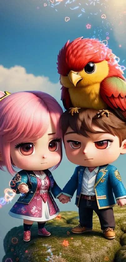 Cute Chibi Couple With Bird Free Download