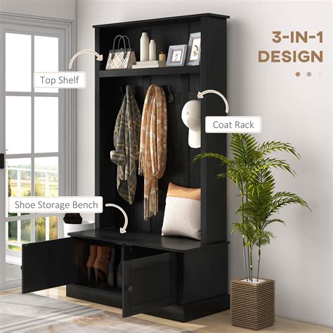 Homcom Hall Tree Entryway Bench Coat Rack Shoe Cabinet Wooden Coat