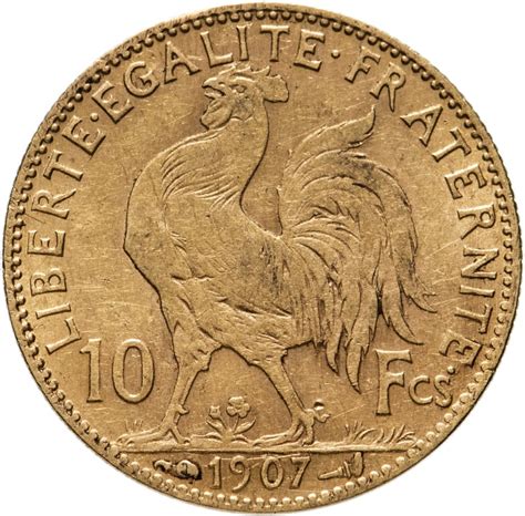 Монета Франция 10 франков (francs) 1907 стоимостью 26485 руб.