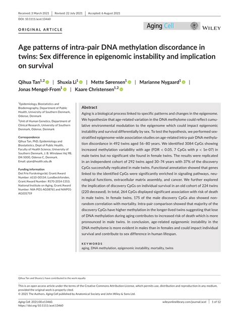 Pdf Age Patterns Of Intra‐pair Dna Methylation Discordance In Twins
