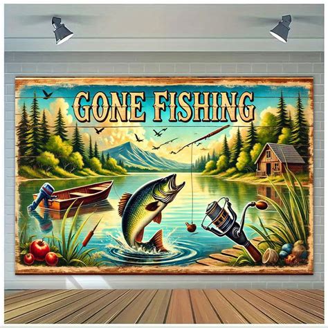 Gone Fishing Scenery Backdrop Lake Pole Fisherman Banner Fishing Theme