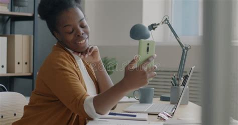Playful Young Lady Office Worker Taking Selfie With Smart Phone Posing