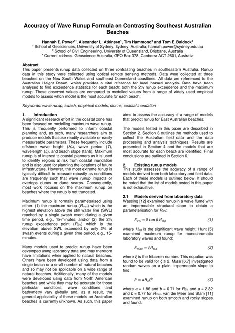 Pdf Accuracy Of Wave Runup Formula On Contrasting Southeast Australian Beaches