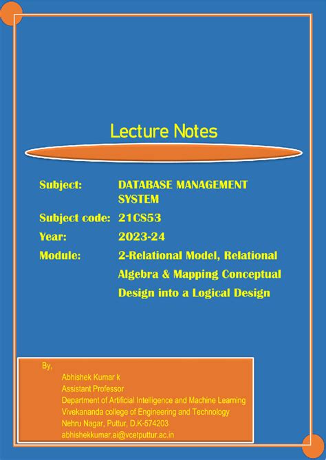 Notes Dbms 21cs53 Module 2 Abhishek Kumar K Aiml 1 Lecture Notes Subject Database