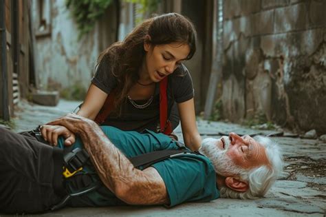 Mulher dando primeiros socorros a um homem idoso deitado no chão Foto
