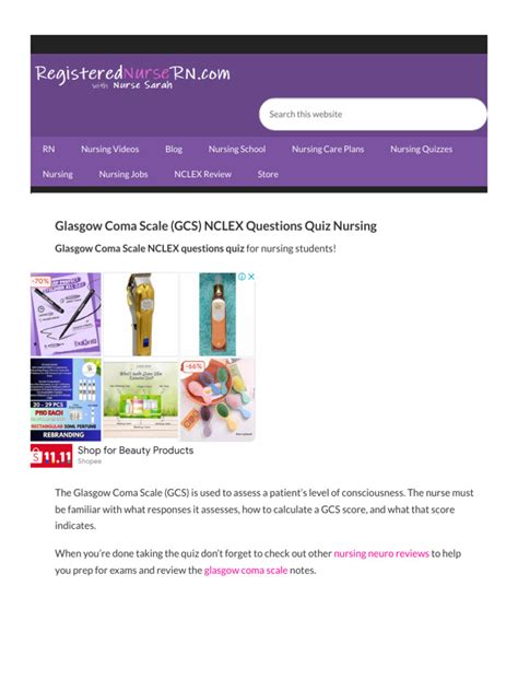 Glasgow Coma Scale Gcs Nclex Questions Quiz Nursing Download Free