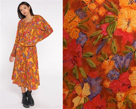 80s Blouson Dress 90s Orange Floral Print Shirtwaist Dress Button Up