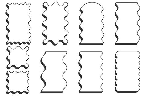 물결 모양의 테두리 프레임 직사각형 가리비 가장자리 상자입니다 정사각형 벡터 모양 그림자가 있는 구불구불한 미적 장식 디자인 복고풍 귀여운 세트 짧고 불규칙한 곡선에 대한