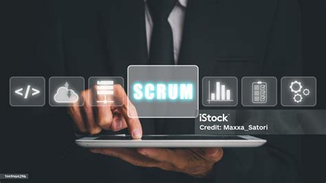 Scrum Man Hand Using Digital Tablet With Scrum Icon On Vr Screen Agile