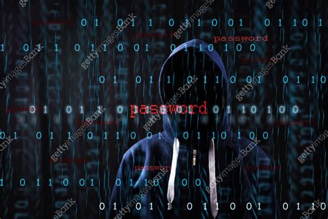 Computer Hacker With A Hood Touches The Touch Screen Binary Code Light Waves On Abstract Binary