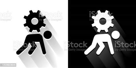 棒圖推齒輪黑色和白色圖示與長陰影向量圖形及更多long Shadow Shadow圖片 Long Shadow Shadow