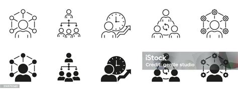 팀워크 비즈니스 라인과 실루엣 아이콘 세트 프로젝트 관리 블랙 픽토그램 조직 전략 심볼 컬렉션 팀 훈련 표시 고립된 벡터 삽화 개발에 대한 스톡 벡터 아트 및 기타 이미지