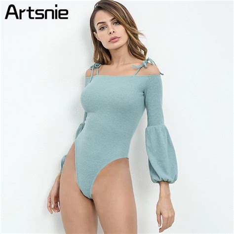 Artsnie Green Off Shoulder Knitted Bodysuits Women Spring 2018 Strap