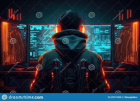 Hacker Working On Computer Back View Of Unrecognizable Man Sitting In
