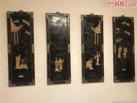 民国四扇挂屏，寿山石美女漆画，贝雕边框，背板黑色大漆，长度92厘米漆画毛毛家的店铺【7788收藏收藏热线】
