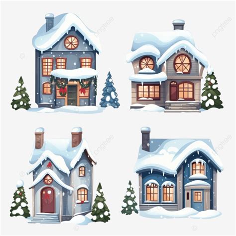 만화 크리스마스 집 세트 눈 덮인 아늑한 겨울 도시 겨울 만화 스노우 하우스 Png 일러스트 및 이미지 에 대한 무료 다운로드 Pngtree