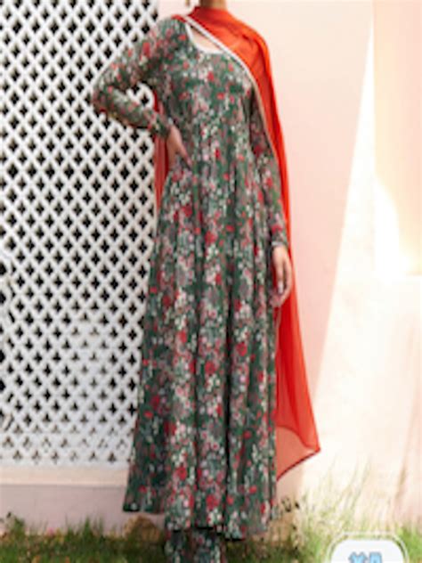 Buy Janasya Bottle Green Georgette Digital Floral Printed Kurta With