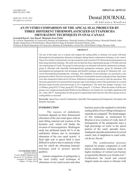 Pdf An In Vitro Comparison Of The Apical Seal Produced By Three Different Thermoplasticized