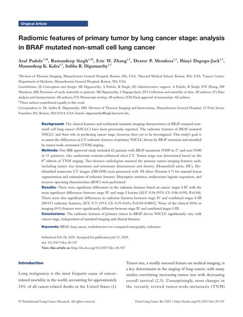 Pdf Radiomic Features Of Primary Tumor By Lung Cancer Stage Analysis