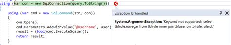 C Keyword Not Supported On Sqlconnection String Query Stack Overflow