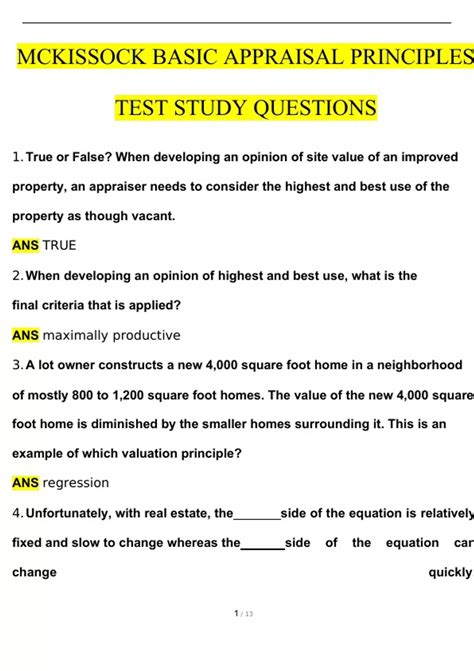 MCKISSOCK BASIC APPRAISAL PRINCIPLES TEST STUDY Questions And Answers