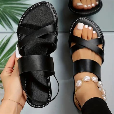 Womens Solid Color Flat Sandals Casual Slip Faux Leather Temu Norway