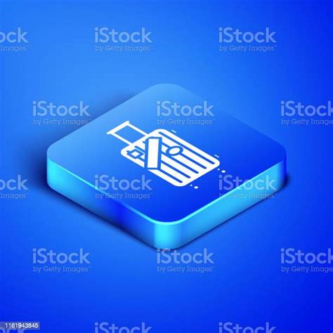 파란색 배경에 격리 된 여행 및 스티커 아이콘용 아이소메트릭 가방 여행 수하물 표지판 여행 수하물 아이콘입니다 파란색 사각형 버튼입니다 벡터 일러스트레이션 가방에 대한 스톡