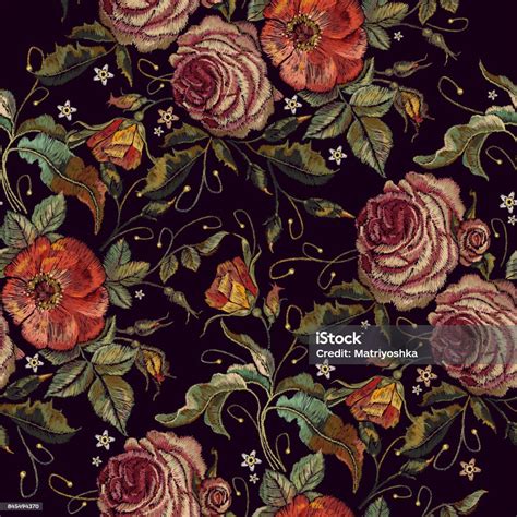 자 수 야생 붉은 장미와 모란 완벽 한 패턴입니다 클래식 스타일 자 수 아름 다운 붉은 장미와 분홍색 모란 원활한 벡터 패턴 세련 된 템플릿 태피 스 트리 꽃 르네상스 0
