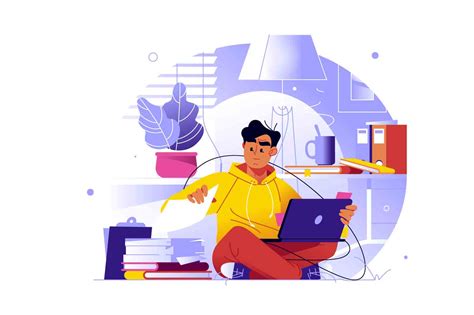 Man Working On Laptop In Office Illustration