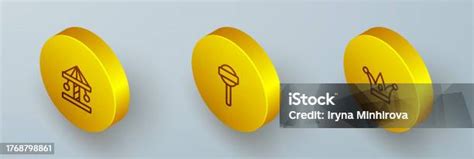 세트 아이소 메트릭 라인 어트랙션 회전 목마 롤리팝 및 종 아이콘과 광대 모자 벡터 3차원 형태에 대한 스톡 벡터 아트 및 기타 이미지 3차원 형태 공휴일 끈적거리는