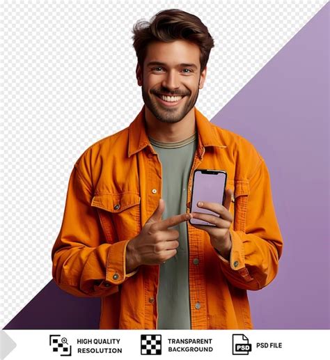 Premium Of Mobile App Advertisement Handsome Excited Man Showing Pointing At White Empty