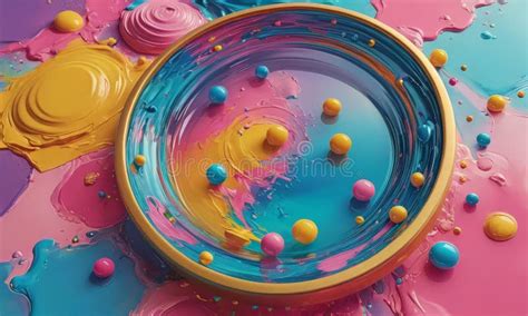 Vibrant Abstract Composition Features Circular Plate With Blue Rim Surrounded By Multitude