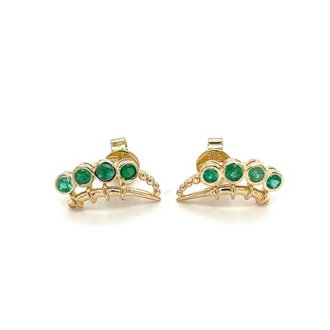 Round Emerald Ear Climber Earrings In 14k Gold For Sale At 1stdibs