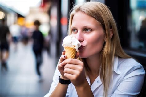 Premium Ai Image A Young Woman Eating A Vanilla Ice Cream Cone Created With Generative Ai