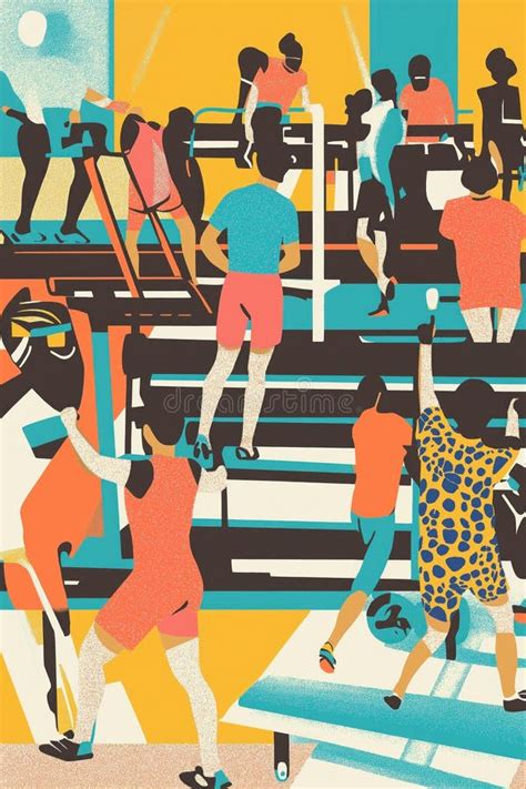 Retro Gym Scene Shows People Working Out With Vintage Equipment