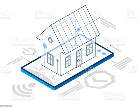 스마트 홈 Iot 개념 전자 현대 집 벡터 등각 삽화 스마트 보안 응용 프로그램 먼 자동화 된 미래 기술 0명에 대한 스톡 벡터
