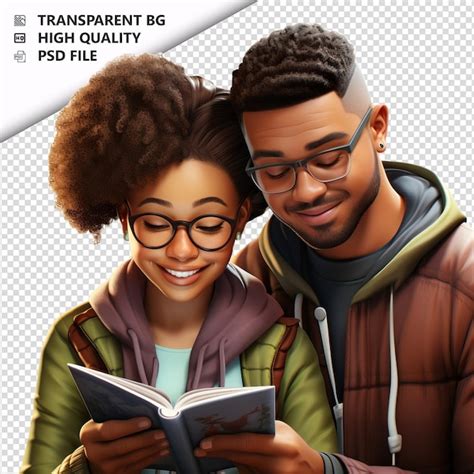 Premium Psd Black Couple Reading 3d Cartoon Style White Background Is