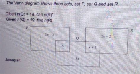 Solved The Venn Diagram Shows Three Sets Set P Set Q And Set R Diberi N Q Cari N R