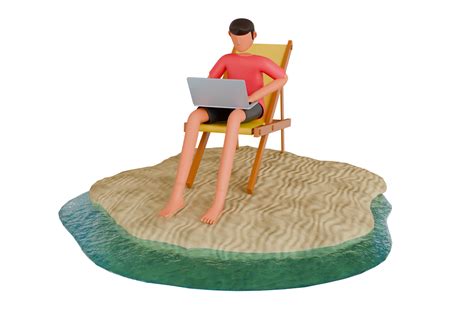 Freelancer With Laptop Working Remotely On Beach 3d Illustration